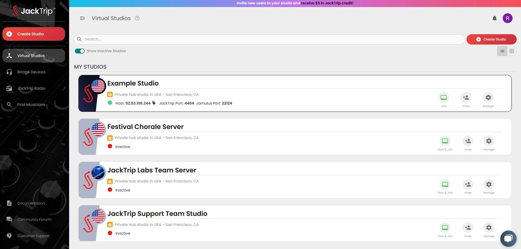 Managing JackTrip Studios